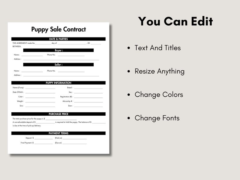 Editable Puppy Sales Contract, Puppy Deposit Contract, Canva, Puppy ...