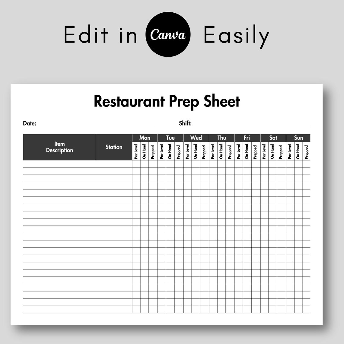 Restaurant Prep Sheet Template Black, Printable Restaurant Prep ...