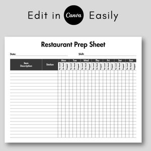 Restaurant Prep Sheet Template Black, Printable Restaurant Prep ...