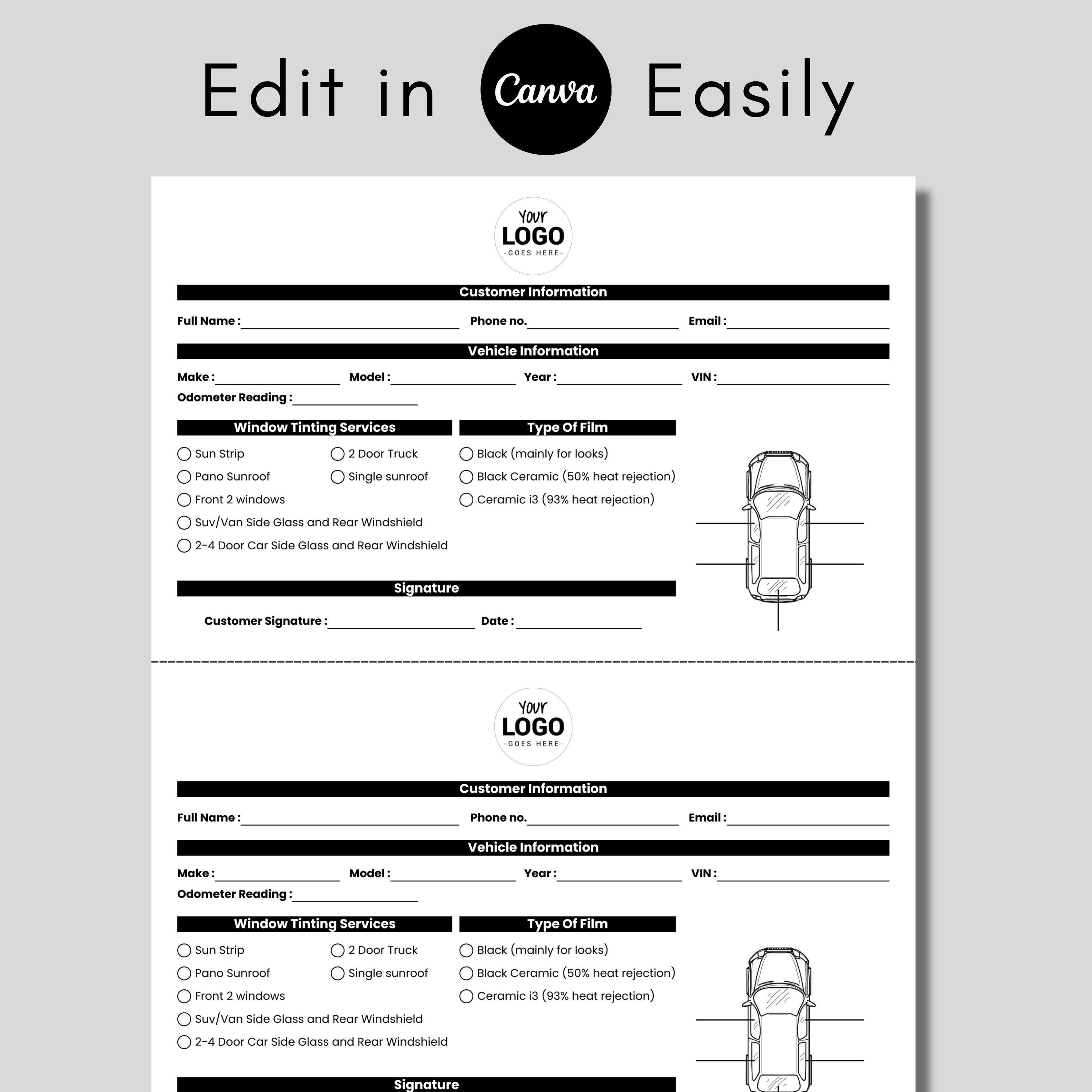 Window Tint Intake Form Black, Editable Window Tint Service Template ...