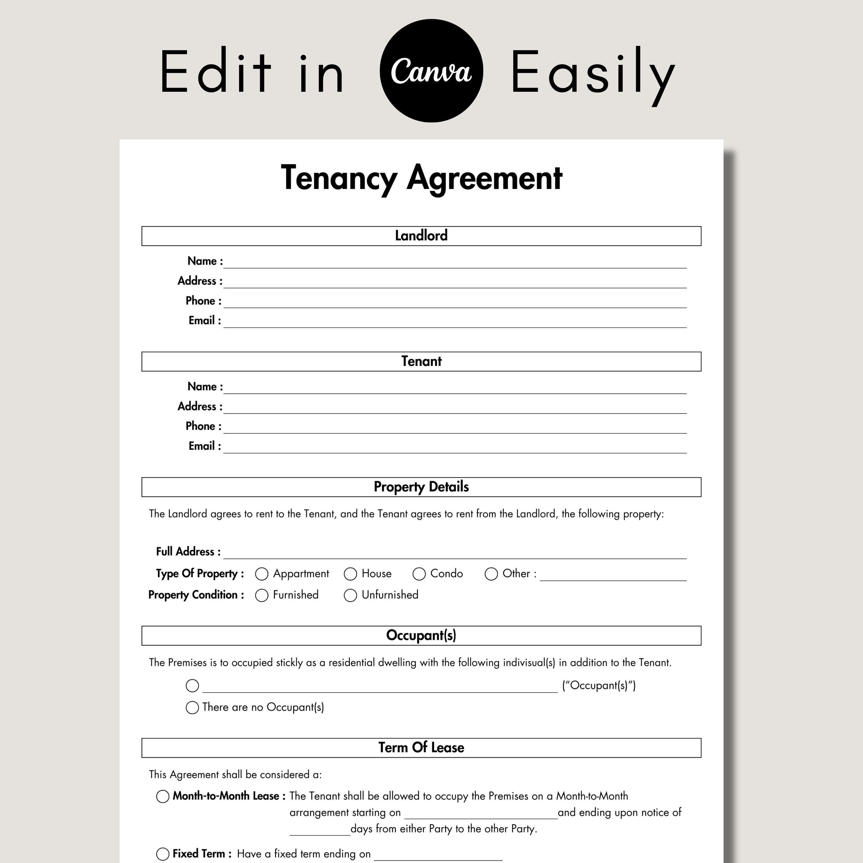 Tenancy Agreement, Editable & Printable Rental Agreement, Simple ...