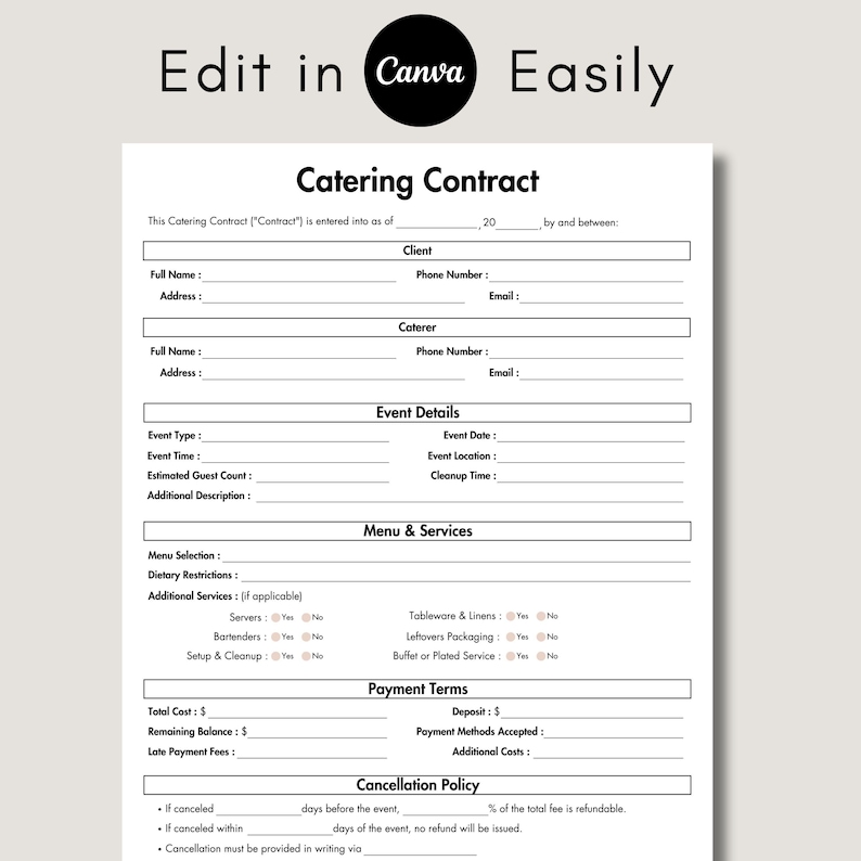 Editable Catering Contract Template, Catering Service Contract ...