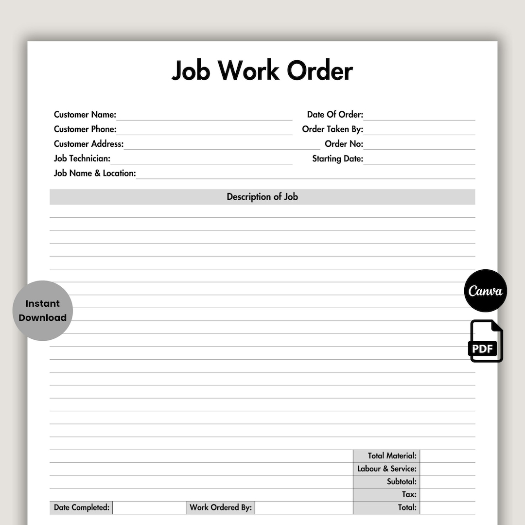 Job Work Order Template, Editable Business Job Work Order Form, Job ...