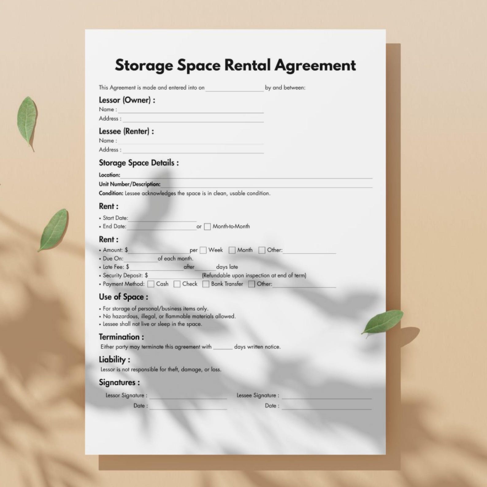 One Page Storage Space Rental Agreement, Editable Contractor Storage ...