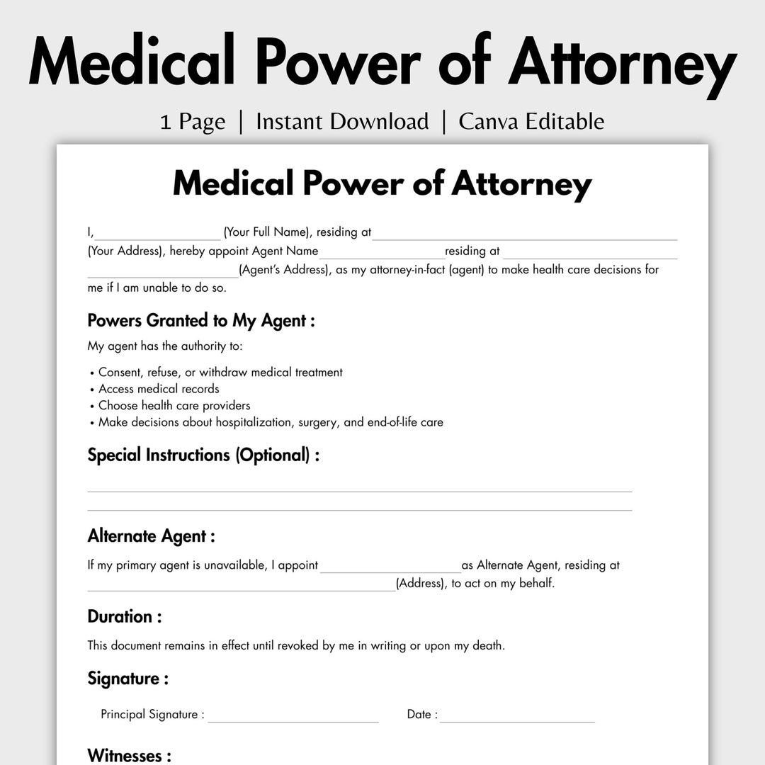 One Page Medical Power of Attorney, Editable Healthcare Authority ...
