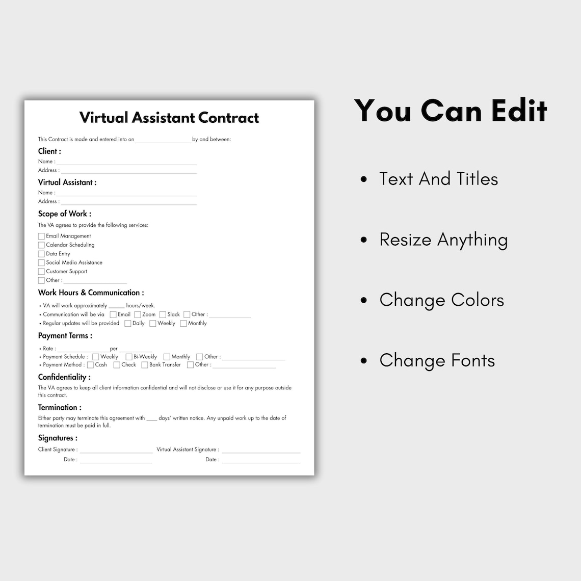 One Page Virtual Assistant Contract, Editable Freelance Assistant ...