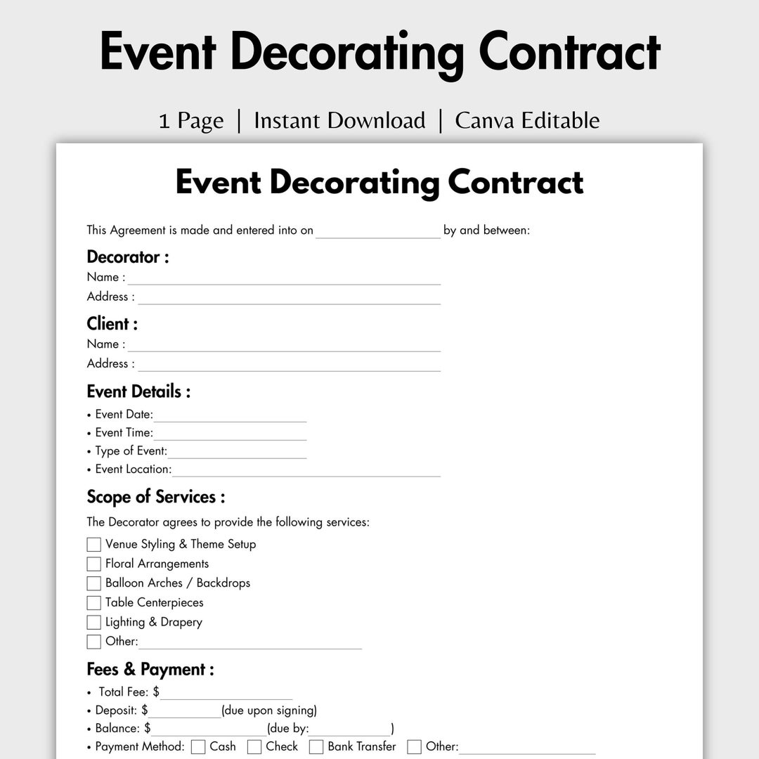 One Page Event Decorating Contract, Editable Event Planning Service ...