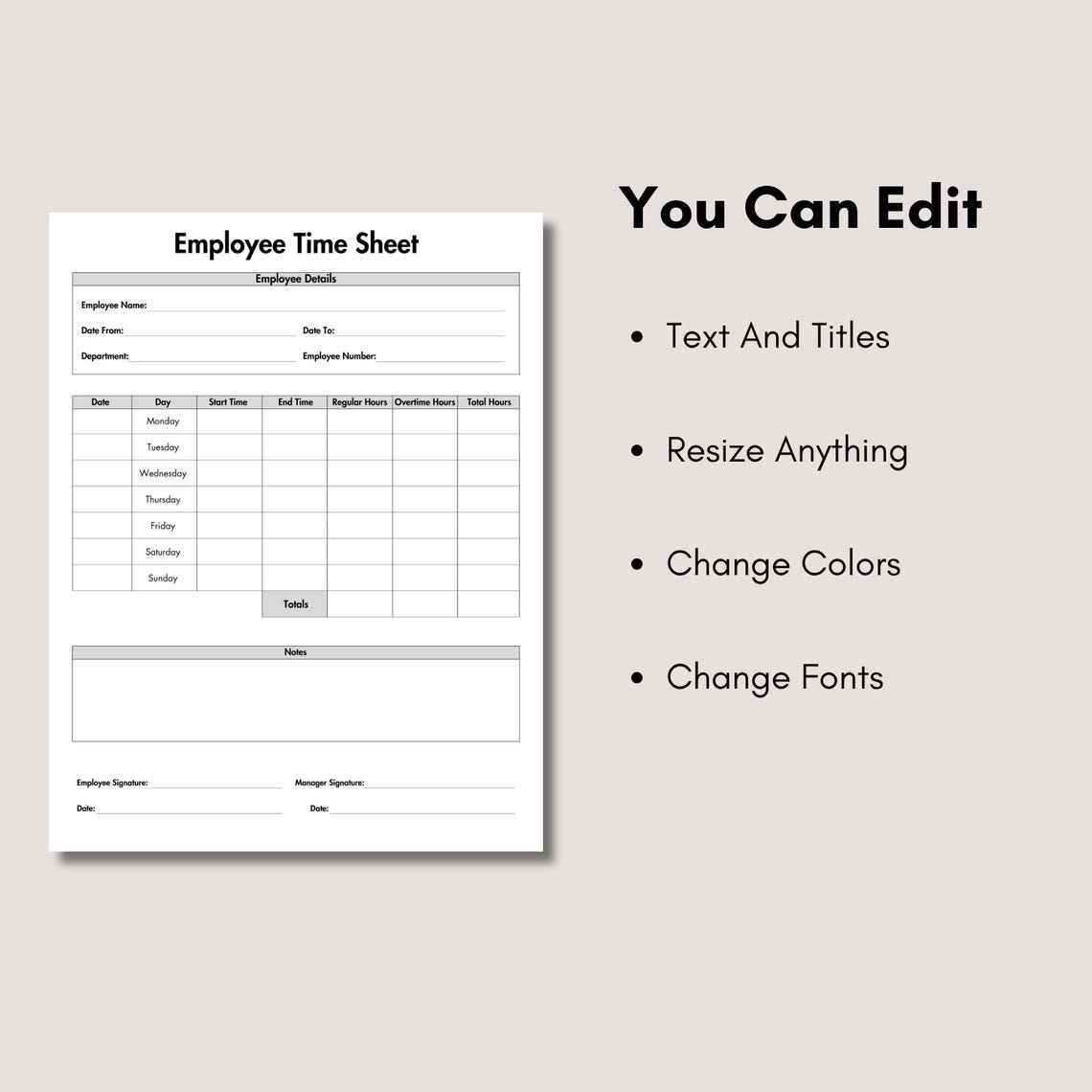 Employee Time Sheet Template, Editable Timekeeping Sheet Form, Staff ...