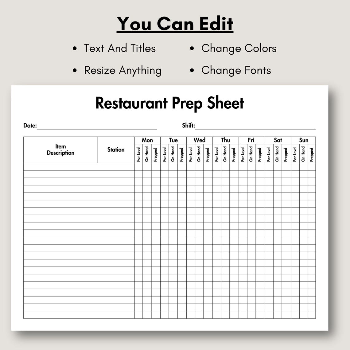Editable Restaurant Prep Sheet Template, Printable Restaurant Prep ...