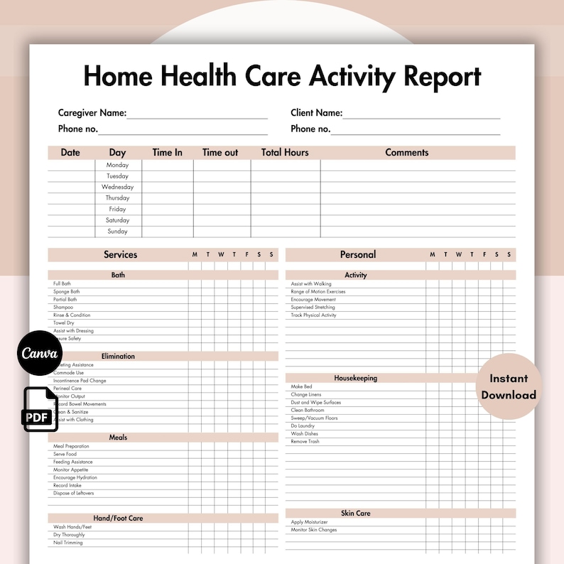 Home Health Caregiver Activity Report, Editable Elder Care Checklist ...