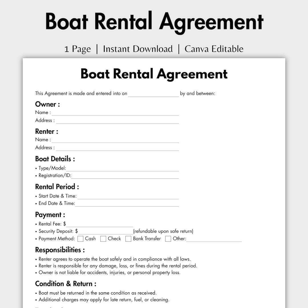 One Page Boat Rental Agreement, Editable Marina Rental Form Template ...