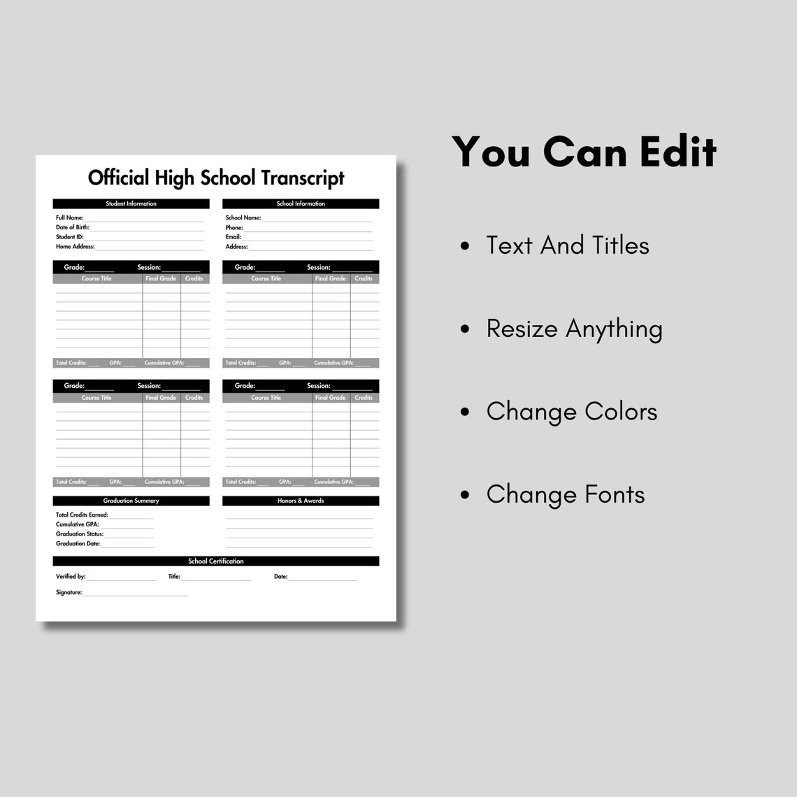 High School Transcript Template Black, Printable & Editable Home School ...