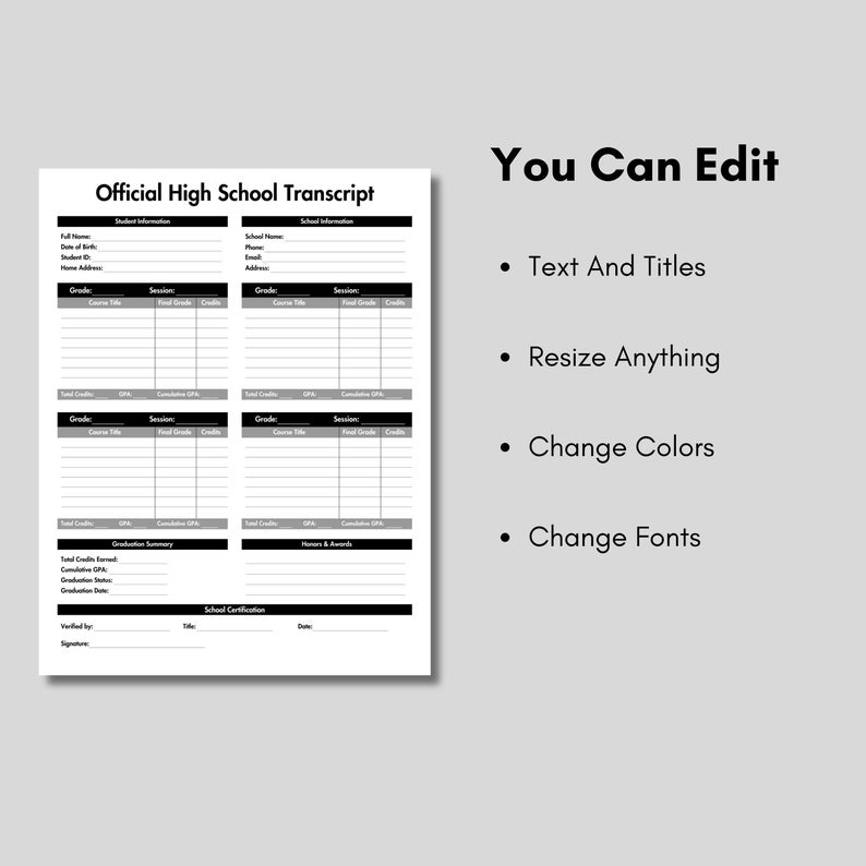 High School Transcript Template Black, Printable & Editable Home School ...