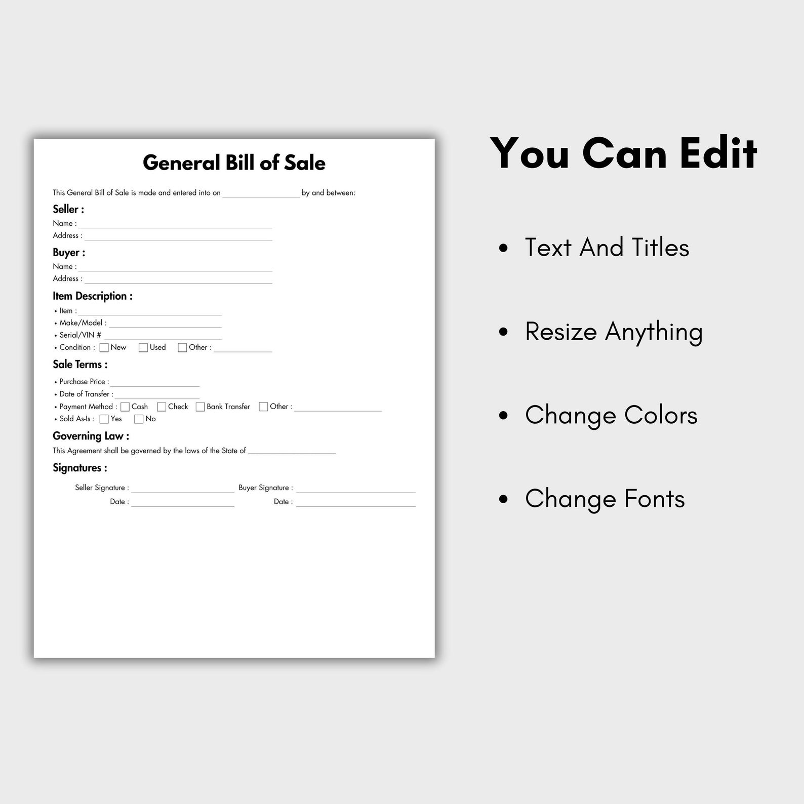 One Page General Bill of Sale, Editable Bill of Sale Form Template ...