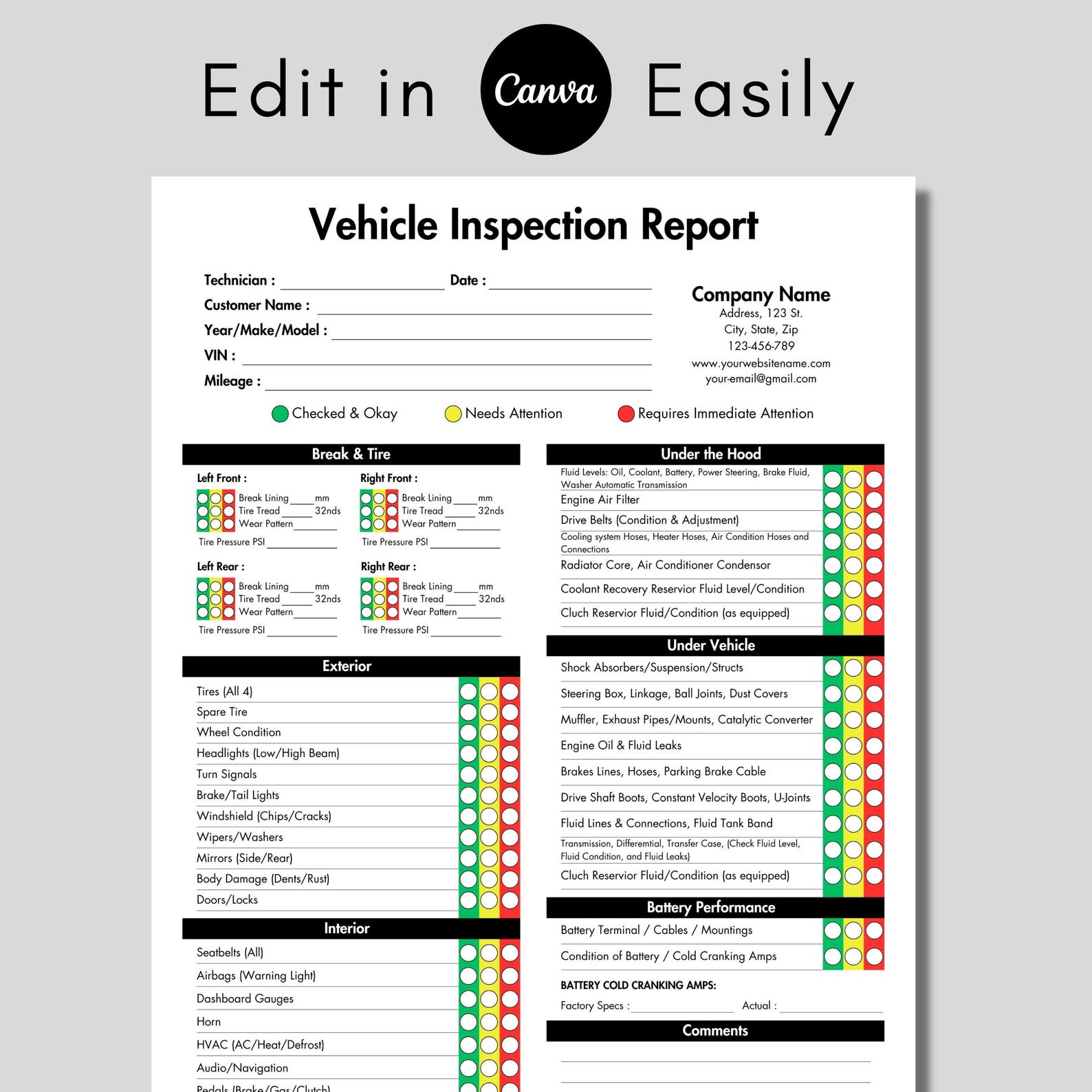 Editable Vehicle Inspection Report, Printable Car or Equipment Rental ...