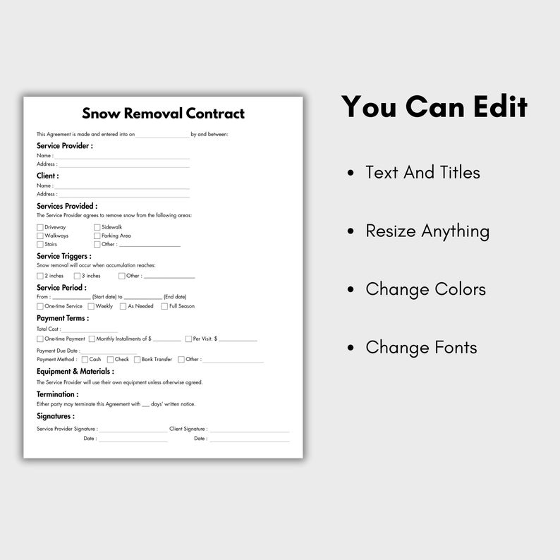 One Page Snow Removal Contract, Editable Residential Snow Plowing ...