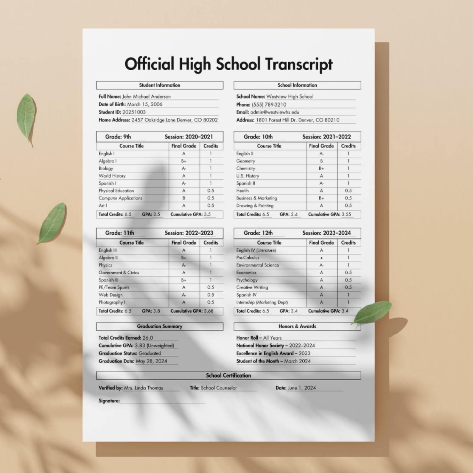 Editable High School Transcript Template, Home School Transcript Form ...