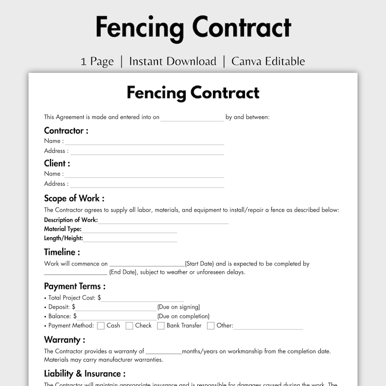 One Page Fencing Contract, Editable Fence Contract Form Template ...