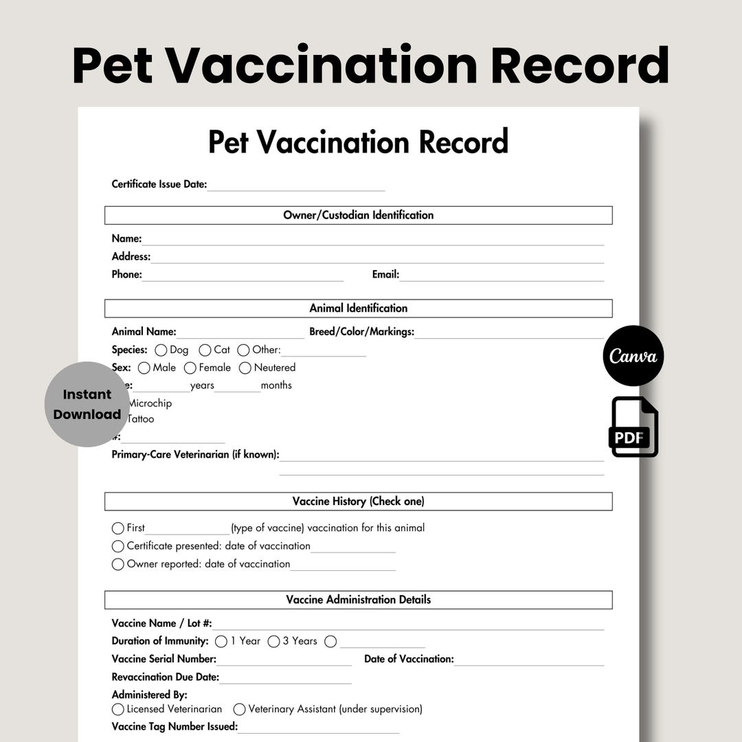 Editable Pet Vaccination Record Template, Dog Vaccination Record ...