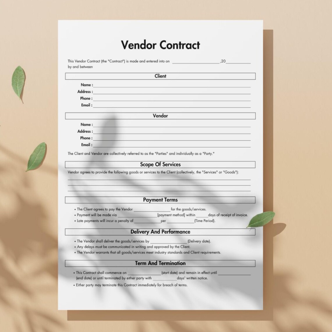 Vendor Contract Template, Printable & Editable Event Agreement, Sales ...