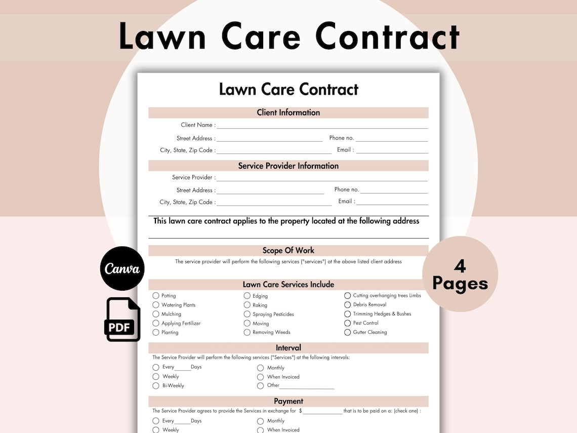 Lawn Care Contract, Printable Service Agreement, Agreement Template ...