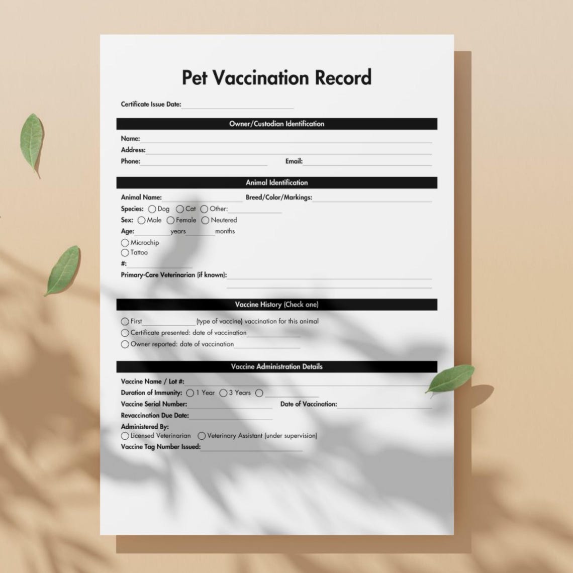 Pet Vaccination Record Black, Printable & Editable Dog Vaccination ...