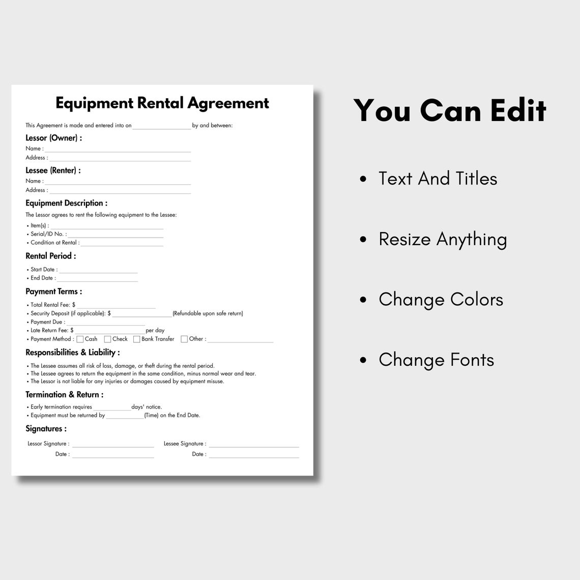 One Page Equipment Rental Agreement, Editable Lease Equipment Template ...