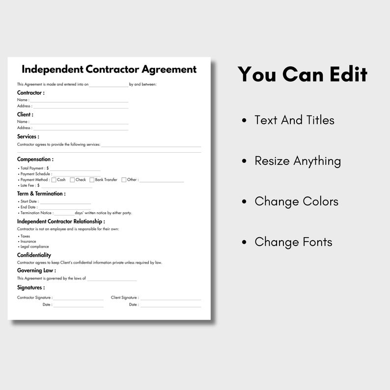 One Page Independent Contractor Agreement, Editable Business Contract ...