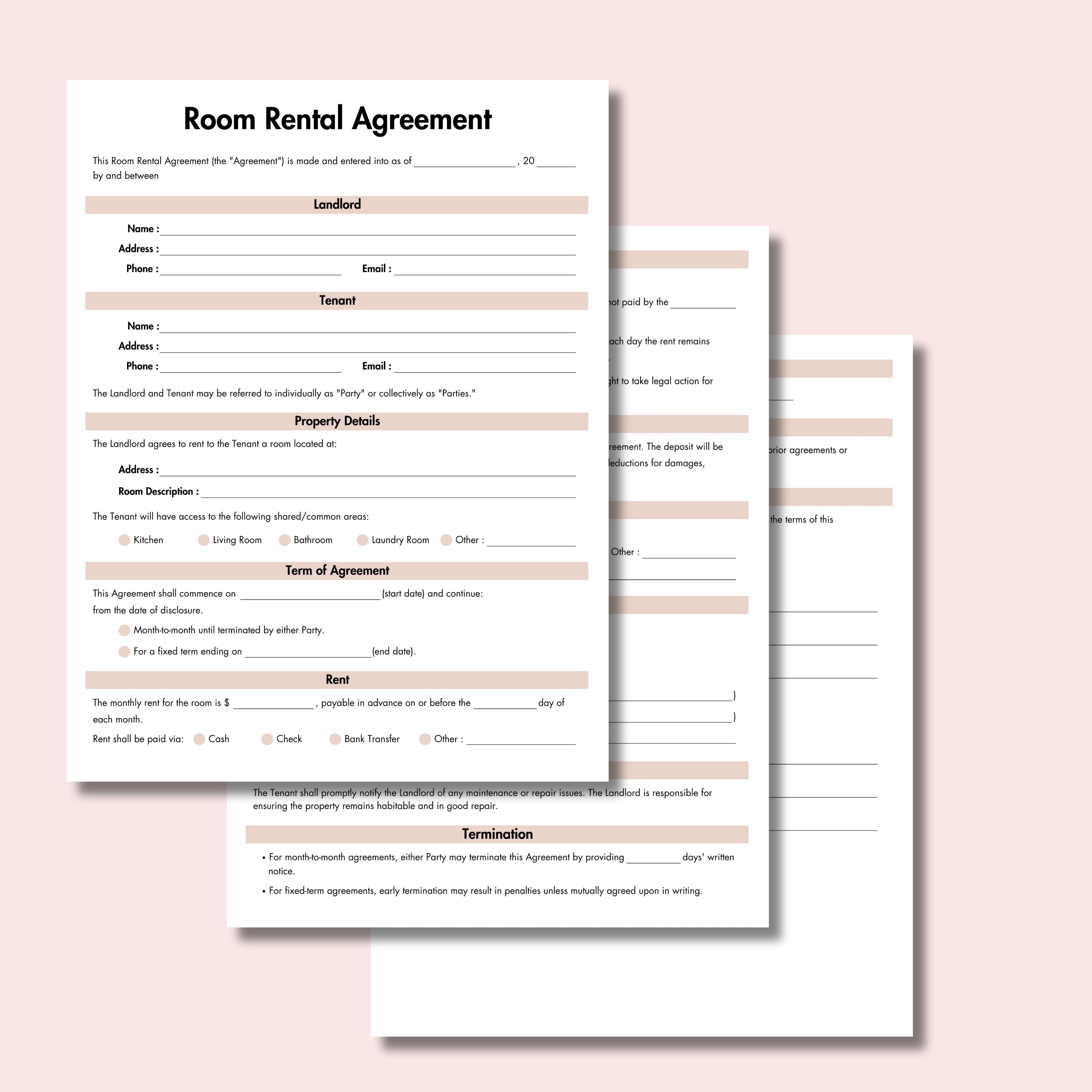Room Rental Agreement, Printable Room Tenancy Agreement, Editable ...