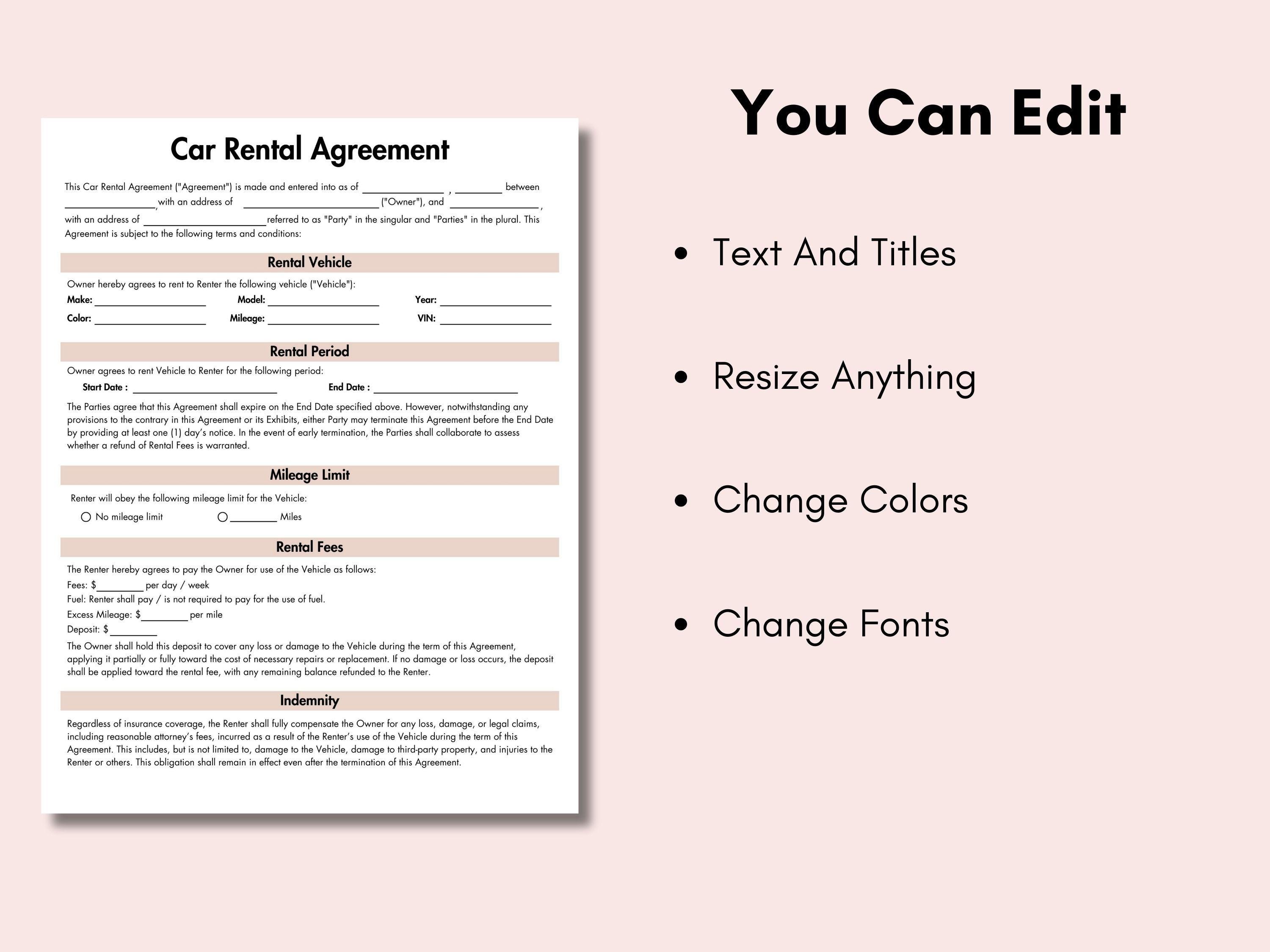 Car Rental Agreement, Printable Car Rental Contract, Vehicle Lease ...