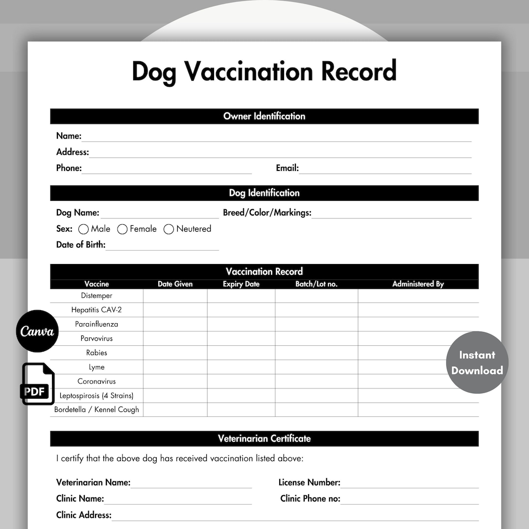 Dog Vaccination Record Black, Editable Proof of Vaccination, Printable ...