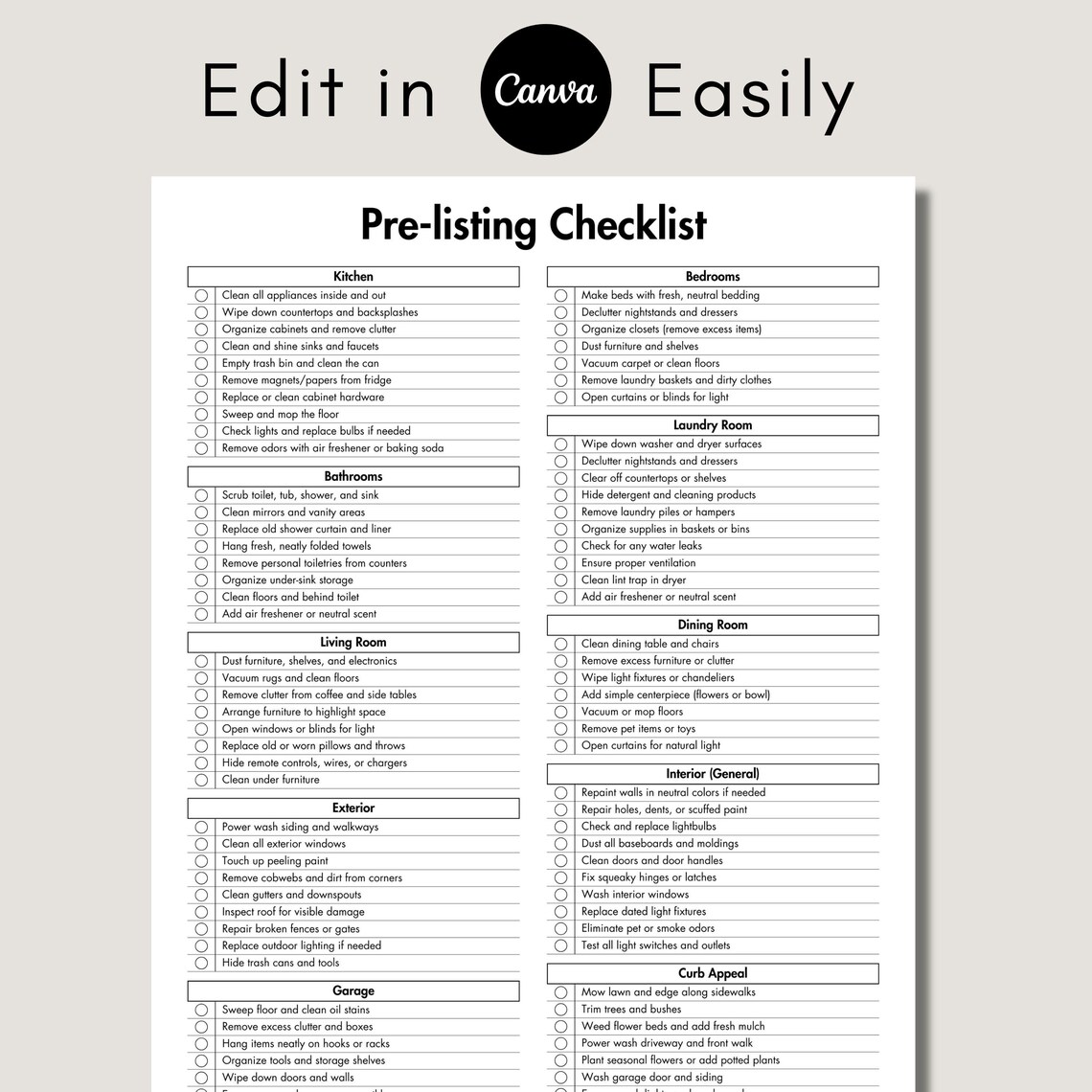 Editable Pre-listing Checklist, Home Seller Checklist Form, Real Estate ...