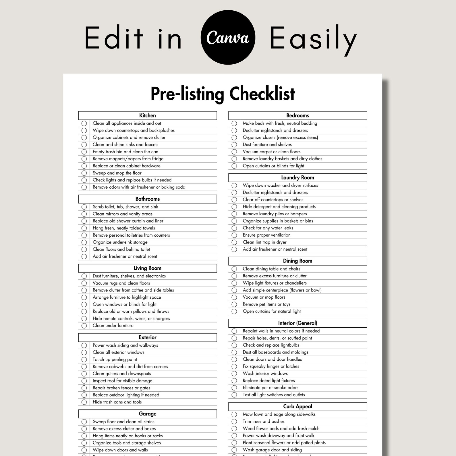 Editable Pre-listing Checklist, Home Seller Checklist Form, Real Estate ...