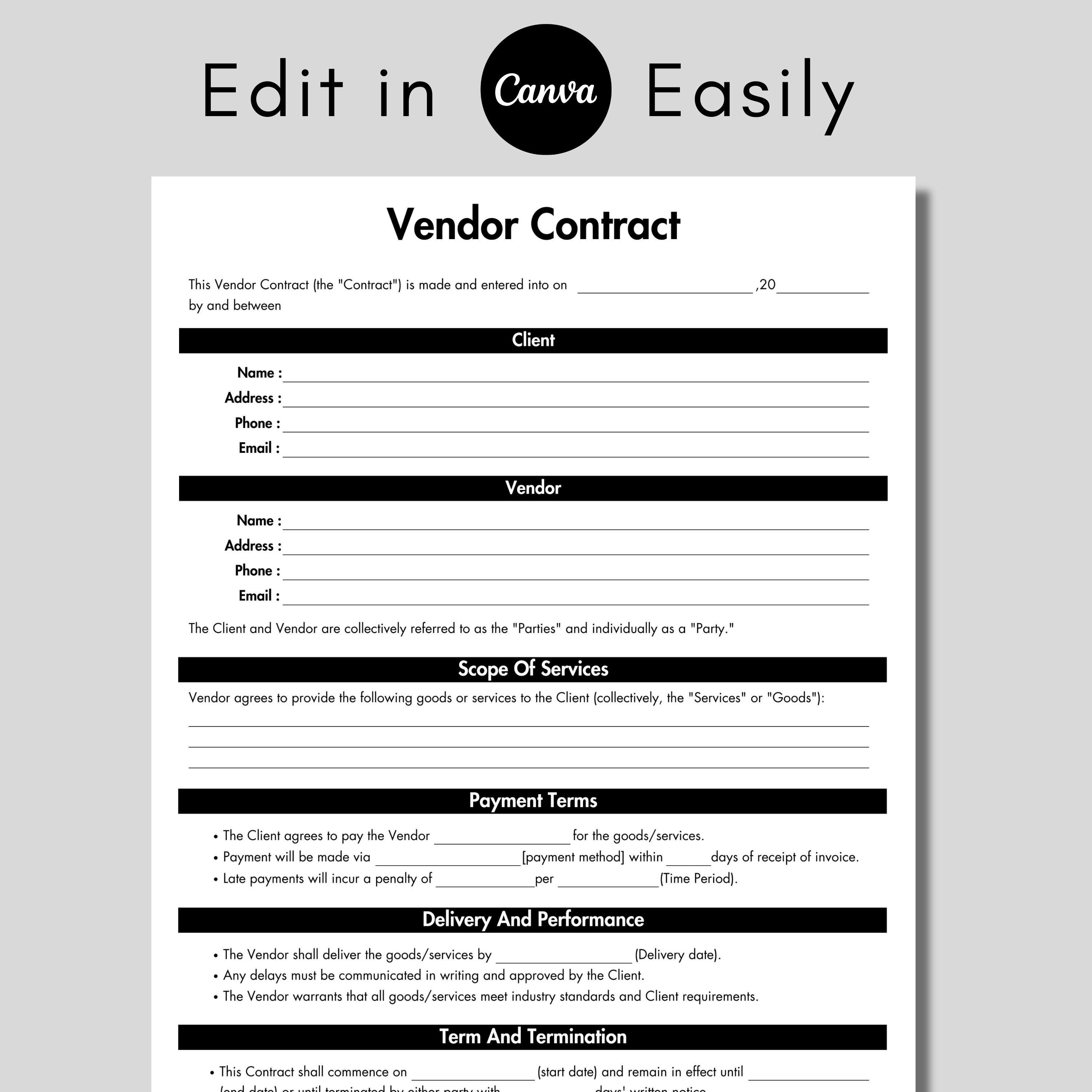 Editable Vendor Contract Template, Printable Event Agreement, Sales ...