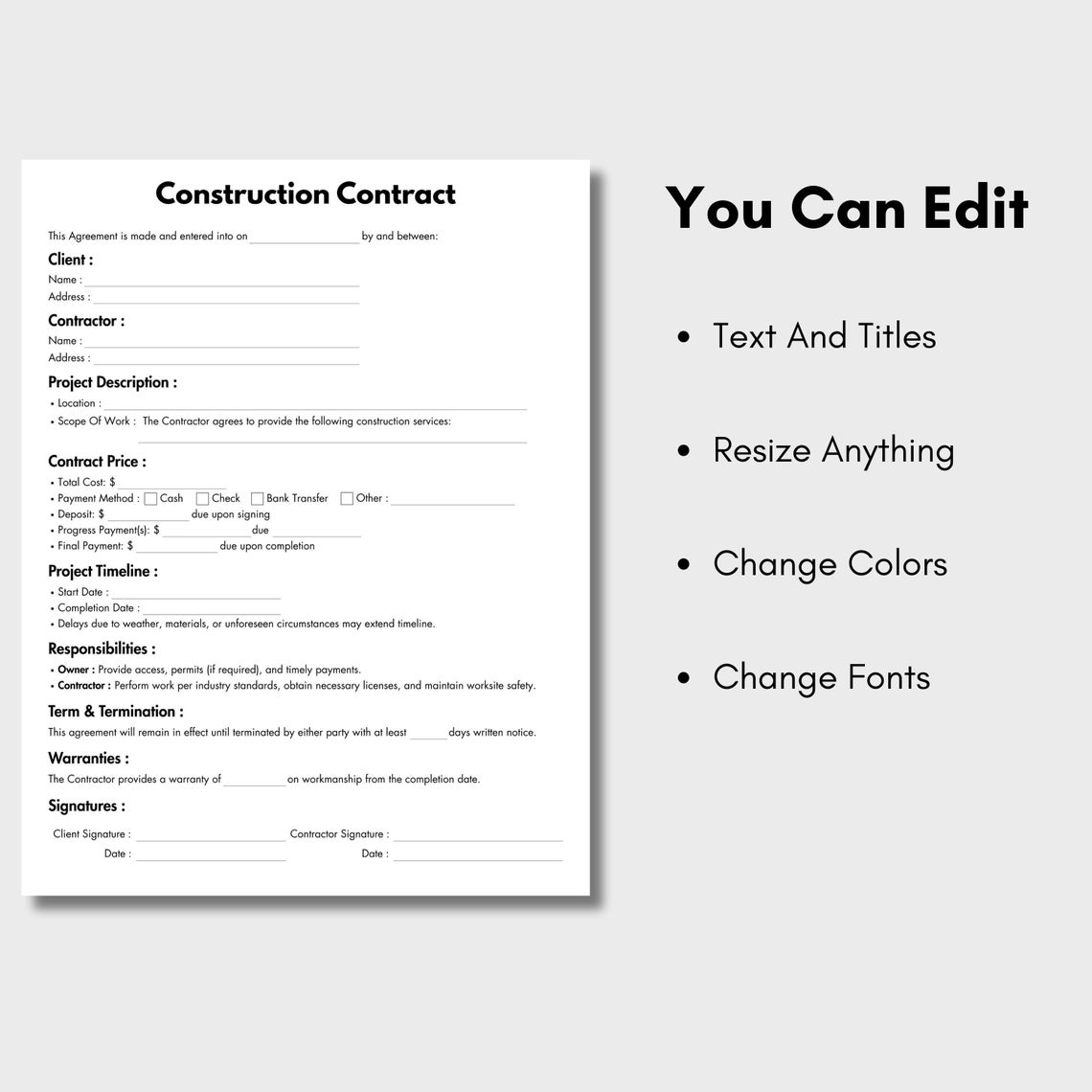 One Page Construction Contract, Editable Construction Agreement Form ...
