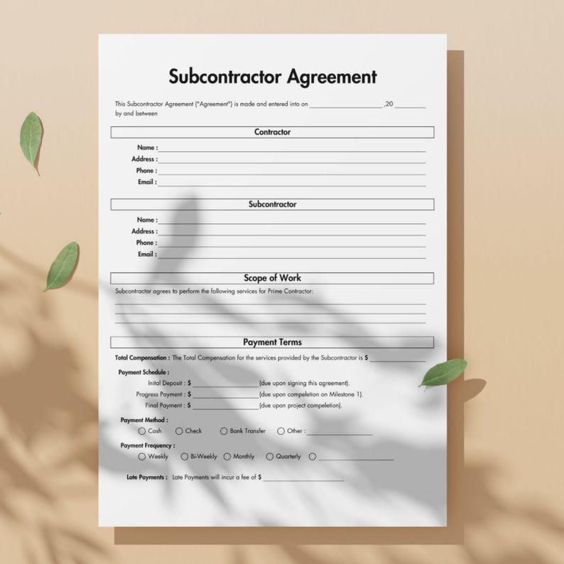 Subcontractor Agreement Template, Printable & Editable Job Subcontractor Agreement Forms ...