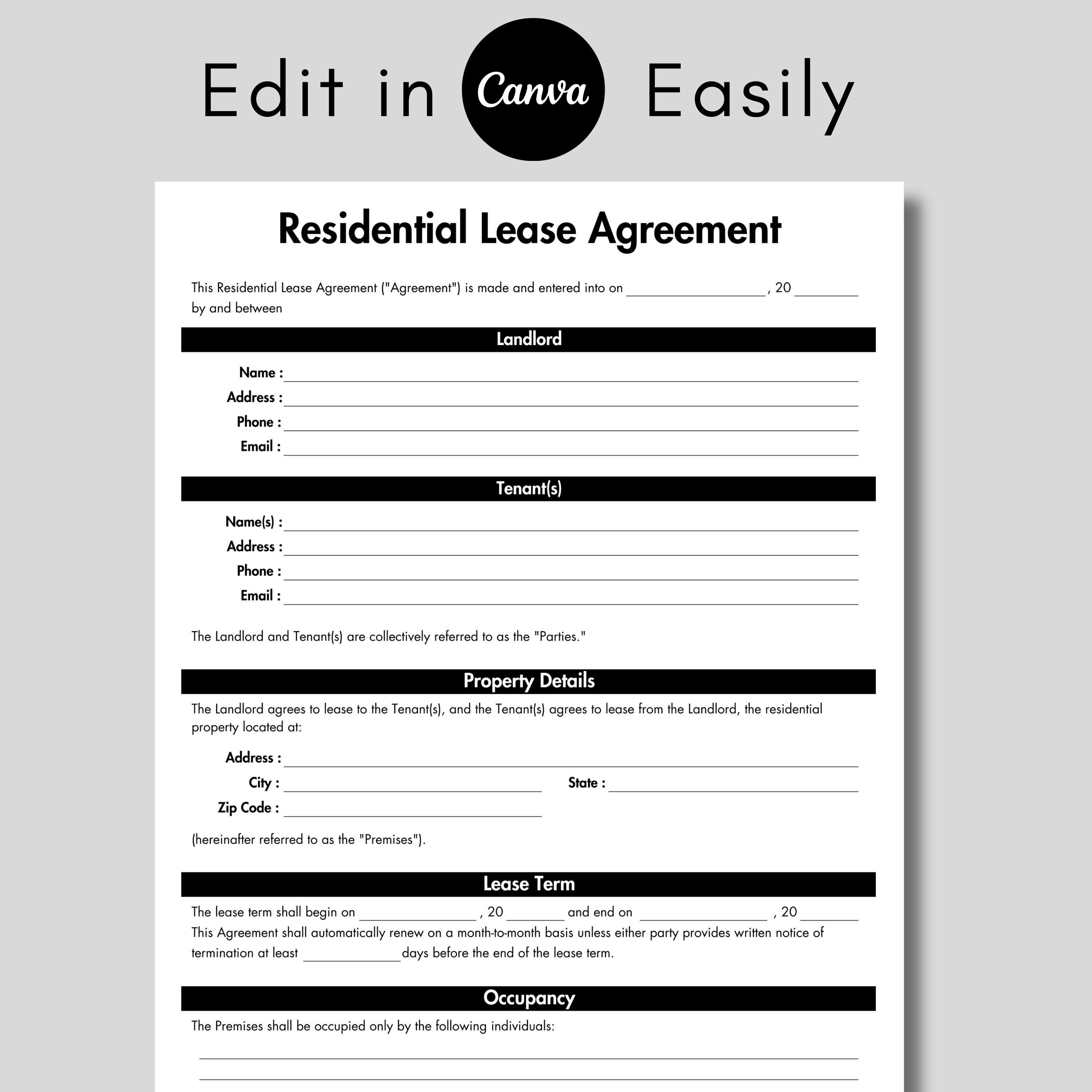 Editable Lease Agreement, Printable, Simple Rental Lease Agreement ...