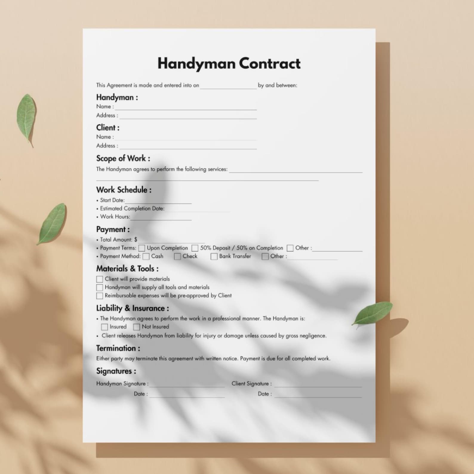 One Page Handyman Contract, Editable General Construction Contract Template, Printable Sub ...