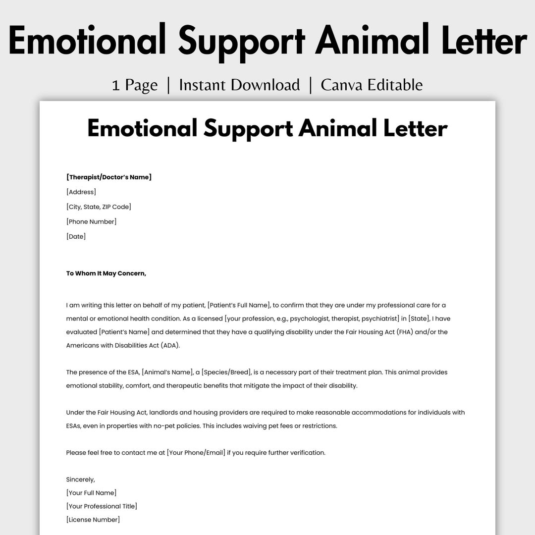 Editable Emotional Support Animal Letter, Printable ESA Letter Template, Service Animal, SOAP ...