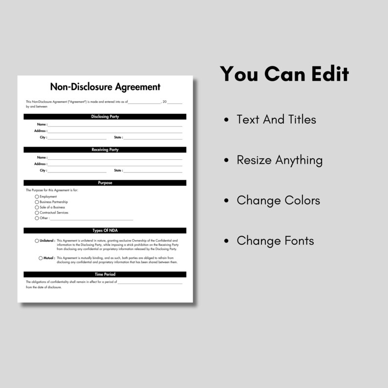 Editable Non-disclosure Agreement, Printable NDA Forms, Confidential ...
