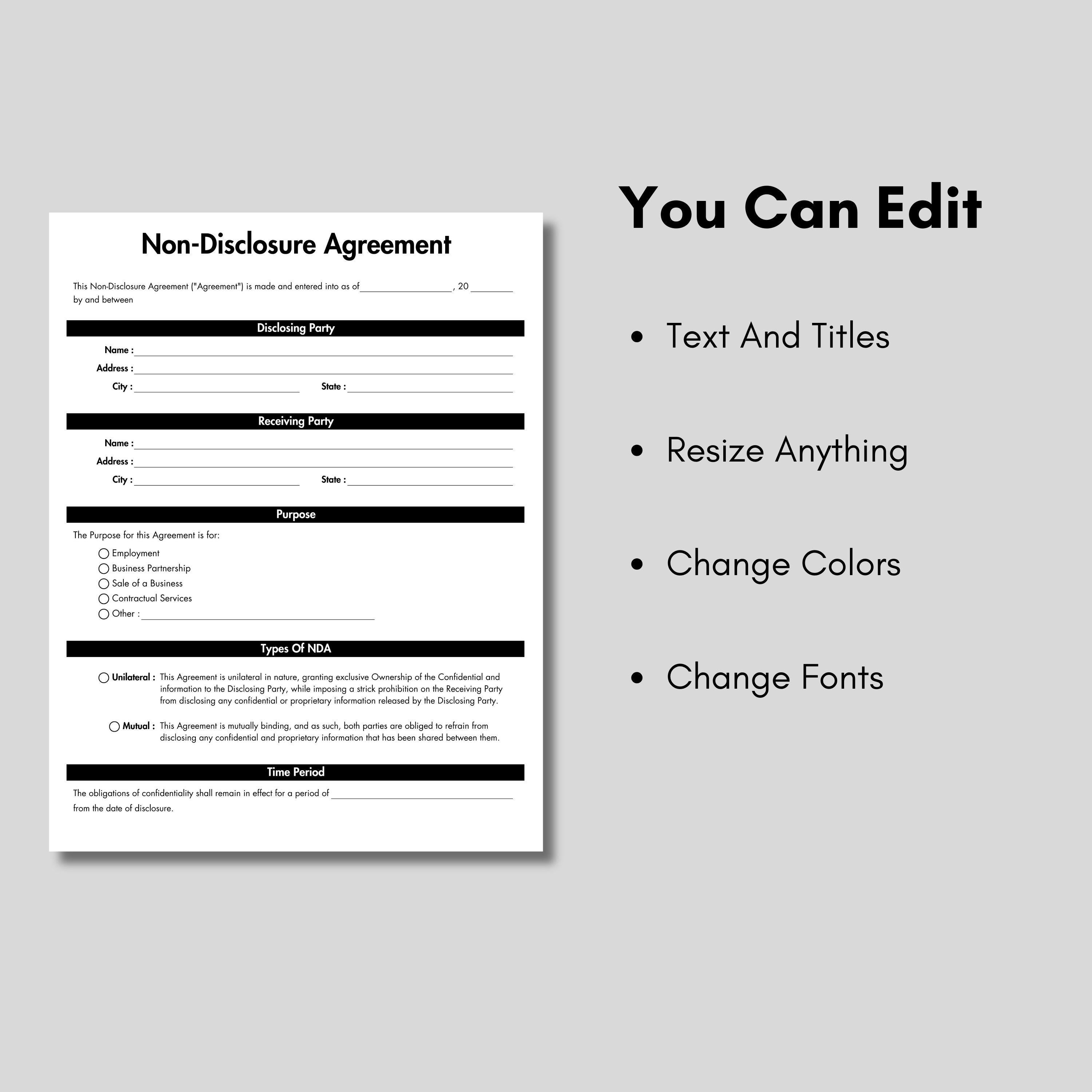 Editable Non-disclosure Agreement, Printable NDA Forms, Confidential ...