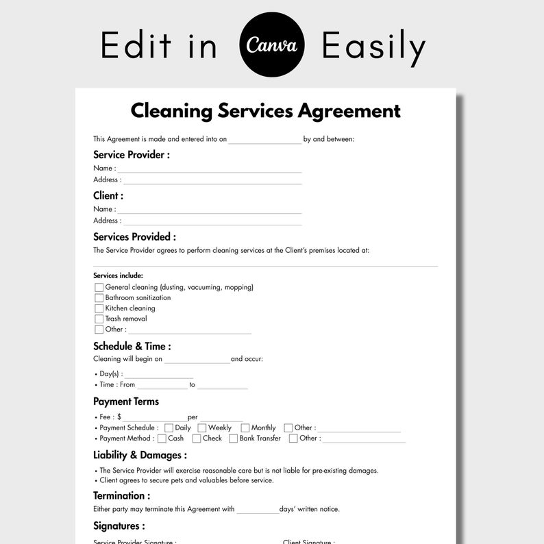 One Page Cleaning Service Agreement, Editable Cleaning Business Form ...