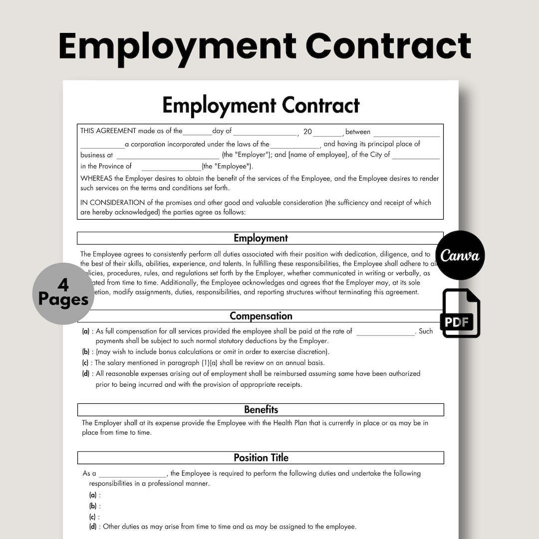 Employment Contract Template, Editable Employment Service Contract, Job ...