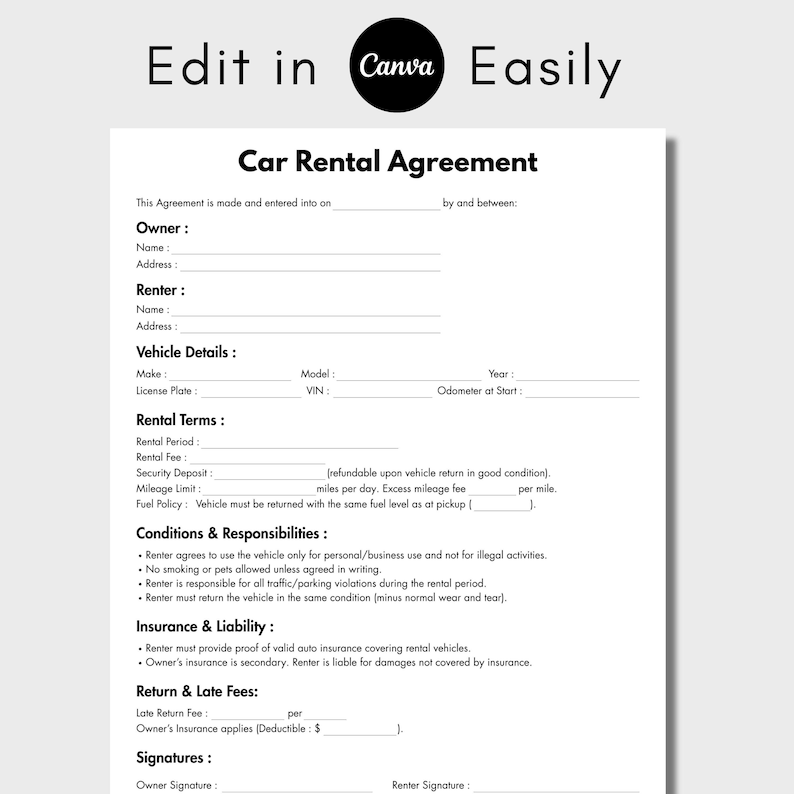 One Page Car Rental Agreement Template, Editable Car Rental Contract ...