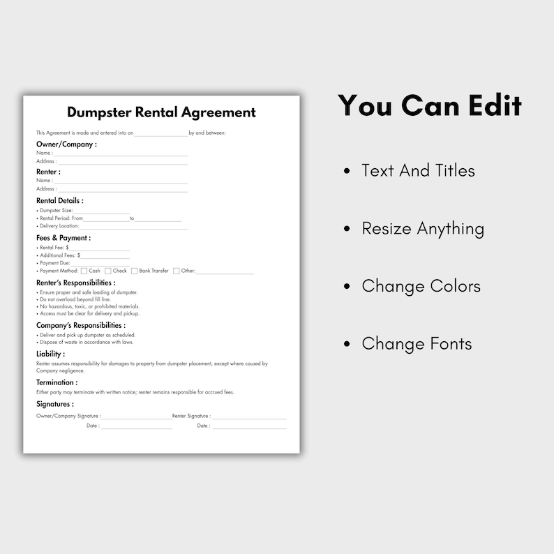 One Page Dumpster Rental Agreement, Editable Contract for Waste ...