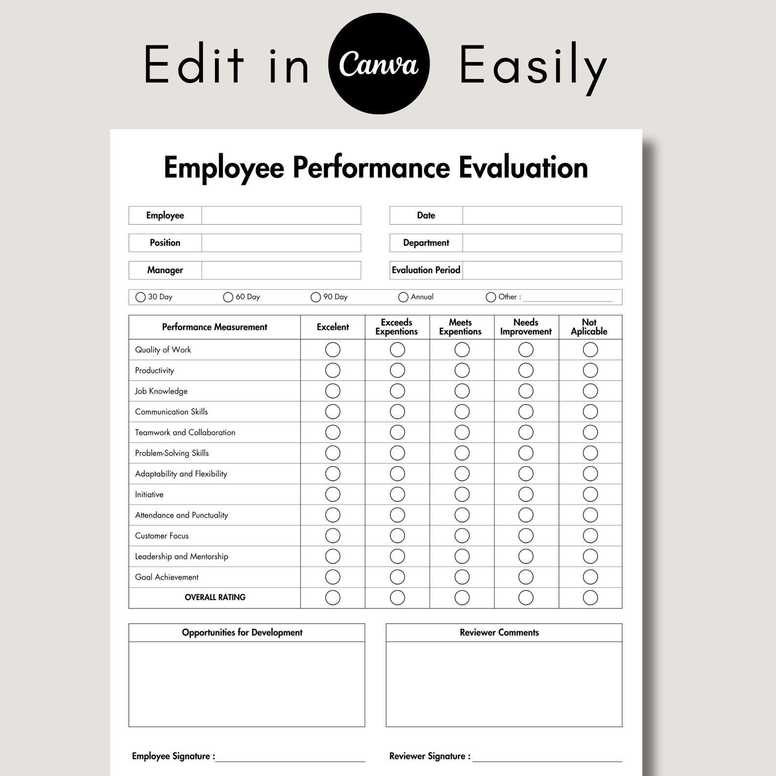 Employee Performance Evaluation, Editable & Printable Employee ...
