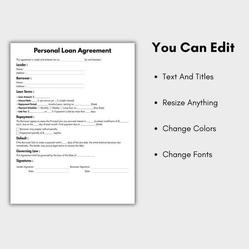 One Page Personal Loan Agreement, Editable Loan Contract Template Canva ...