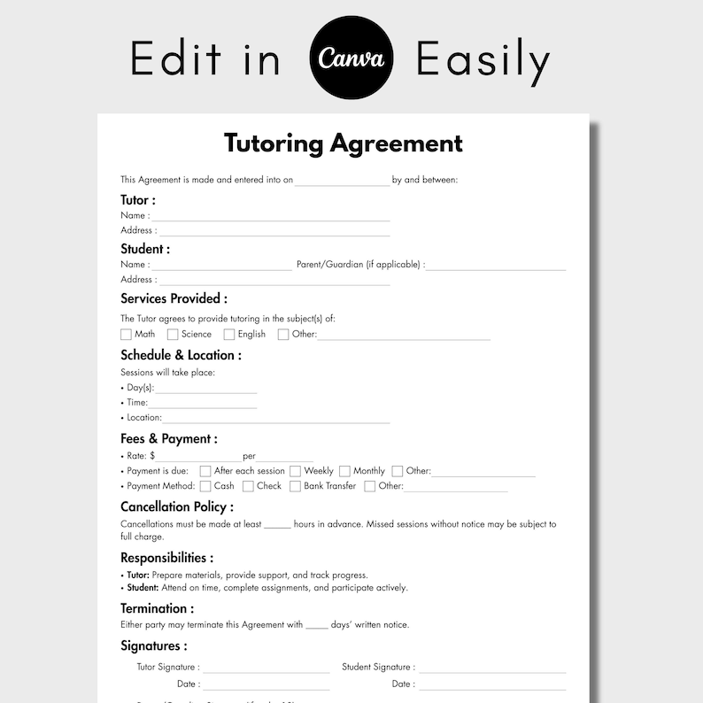 One Page Tutoring Agreement, Editable Tutoring Terms Contract Template Canva, Printable Summer ...