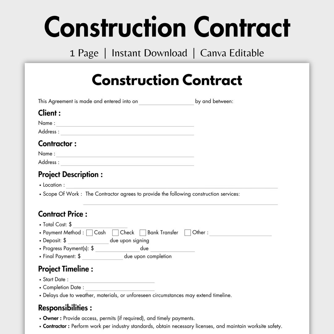 One Page Construction Contract, Editable Construction Agreement Form ...