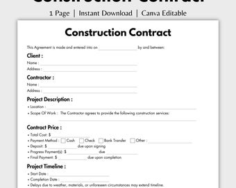 Editable Construction Contract Agreement Template, Single Page Construction Agreement Form ...